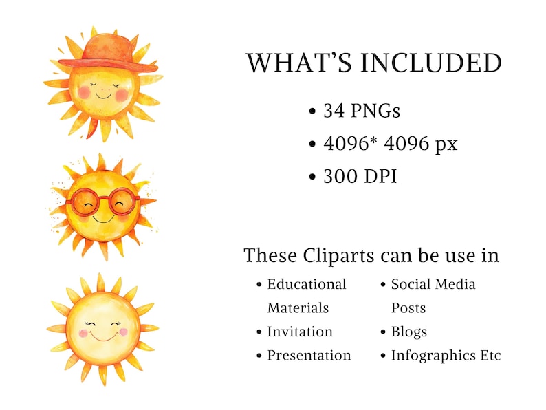 Sun Clipart Png Bundle, Watercolor Sun Clipart Png, Sun Png, Cute Sun ...