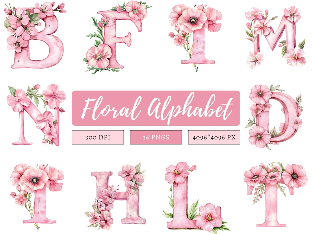 Floral Alphabet Clipart, Alphabet Png Bundle, Flower Alphabet Png ...