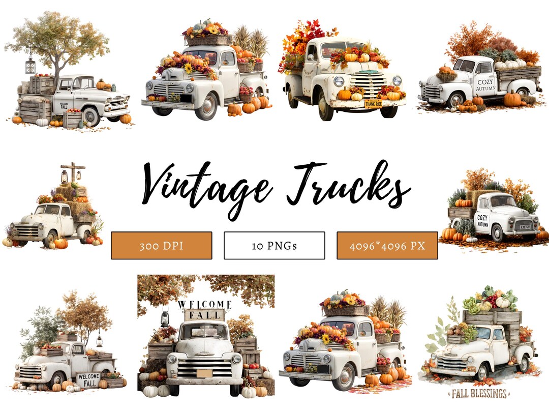 Watercolor Autumn Truck Clipart, White Truck Clipart Png, Vintage ...