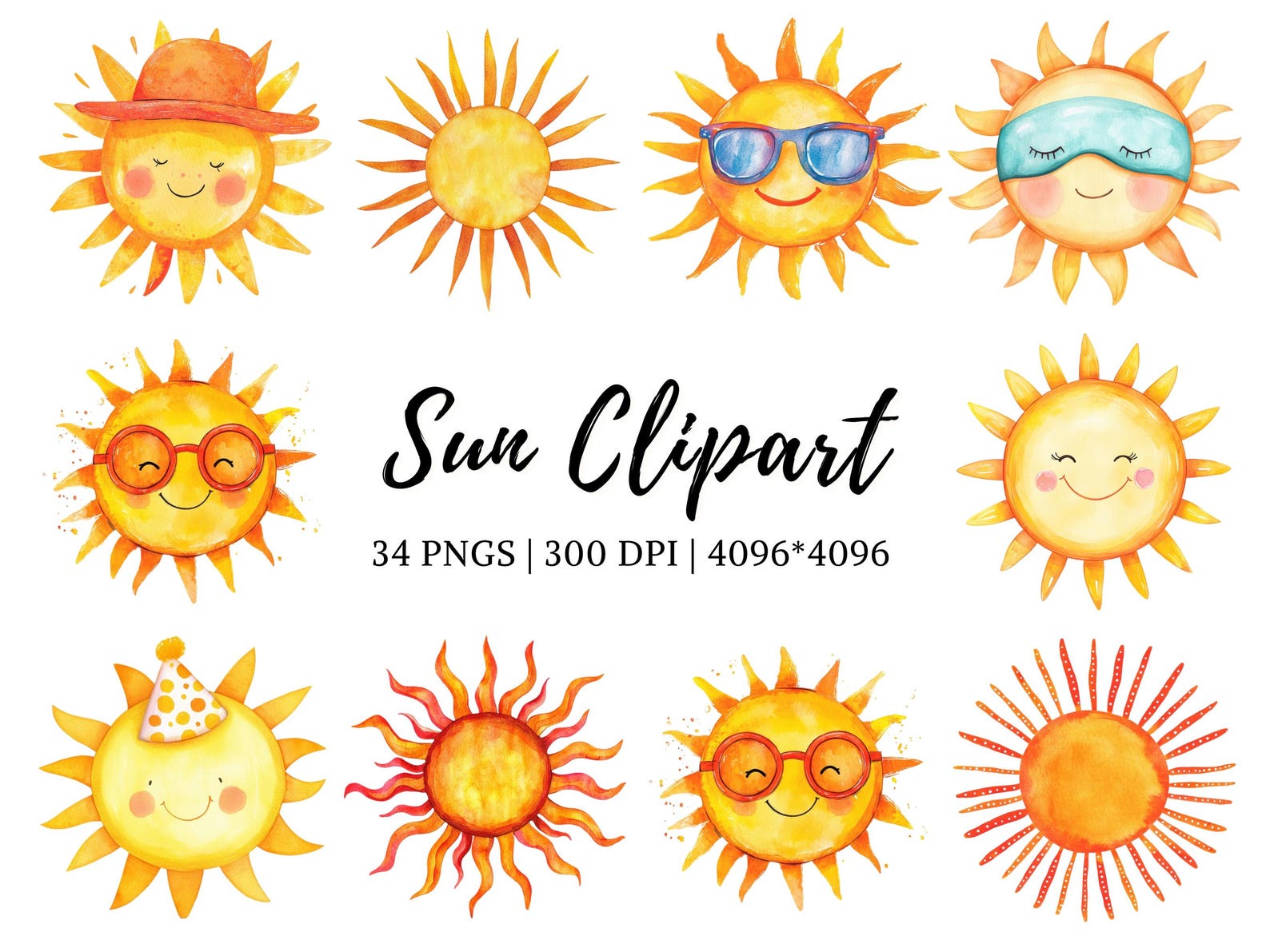 Sun Clipart Png Bundle, Watercolor Sun Clipart Png, Sun Png, Cute Sun ...