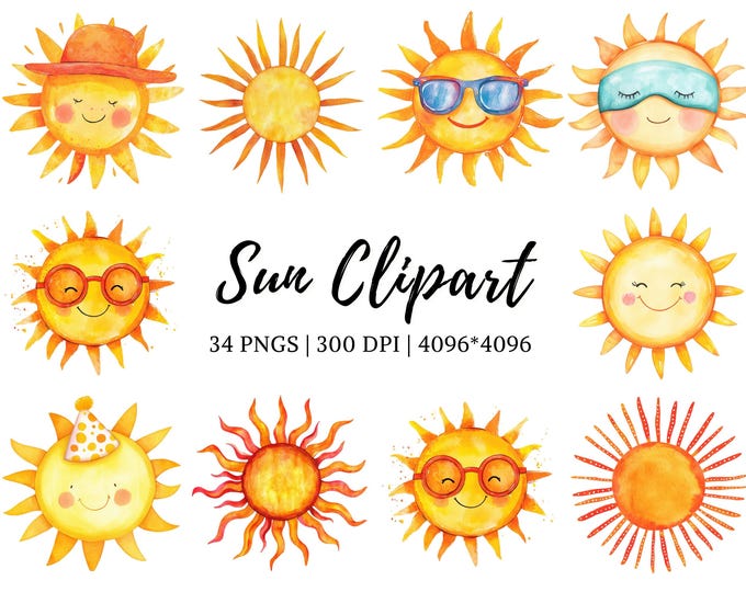 Watercolor Sun Clipart - Sun Svg - Watercolor Clipart - Sun Png ...