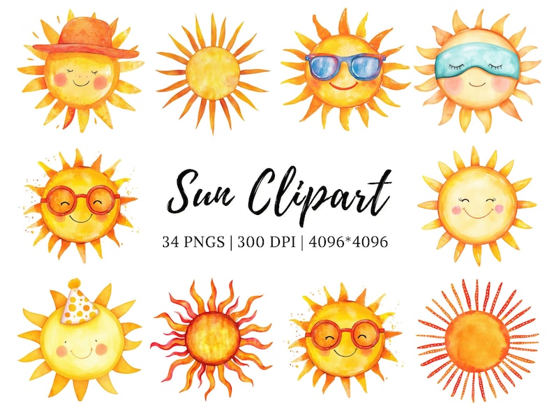 Sun Clipart Png Bundle, Watercolor Sun Clipart Png, Sun Png, Cute Sun ...