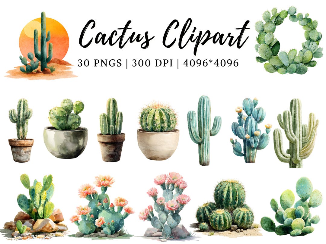 Watercolor Cactus Clipart Bundle, Desert Cactus PNG, Cactus ...