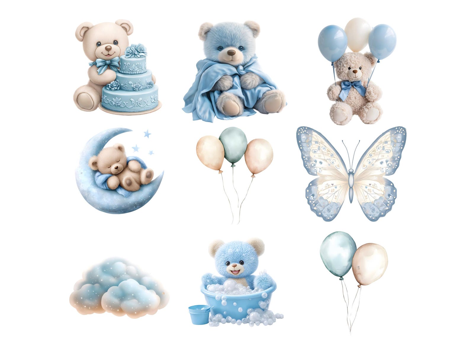 Teddy Bear Clipart Png, Blue Teddy Bear Clipart Bundle Png, Watercolor ...