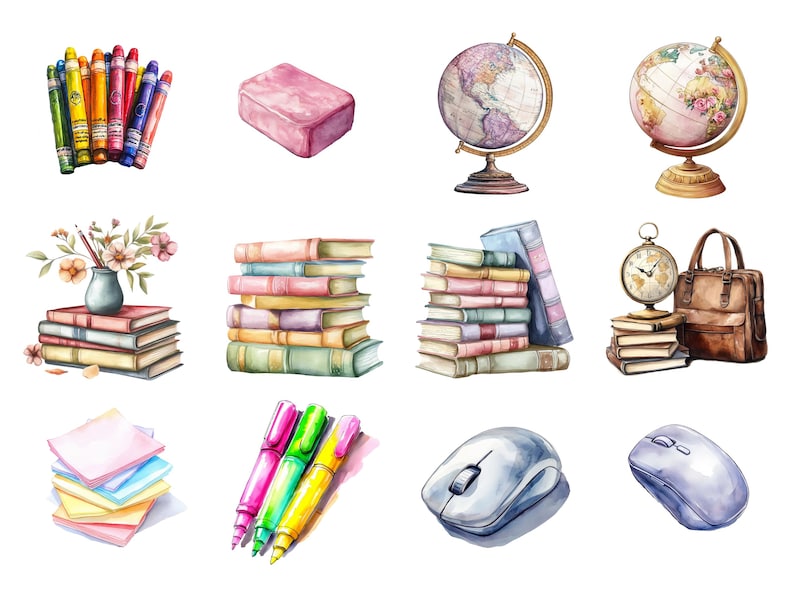 School Supplies Watercolor Clipart, Back to School Clipart, School Png ...