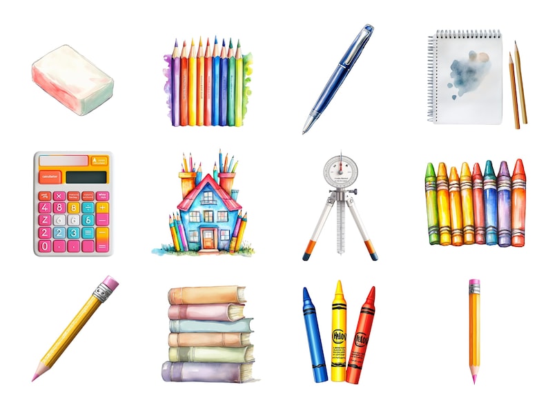 School Supplies Watercolor Clipart, Back to School Clipart, School Png ...