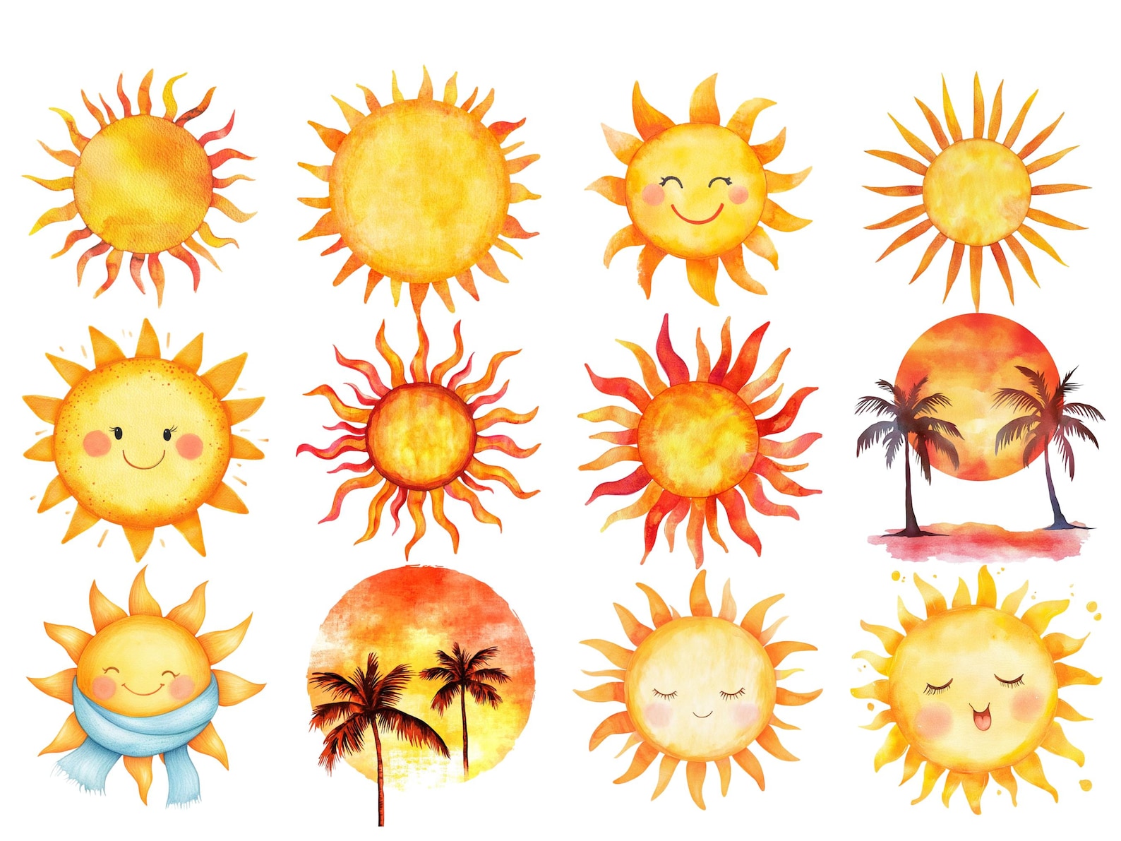 Sun Clipart Png Bundle, Watercolor Sun Clipart Png, Sun Png, Cute Sun ...