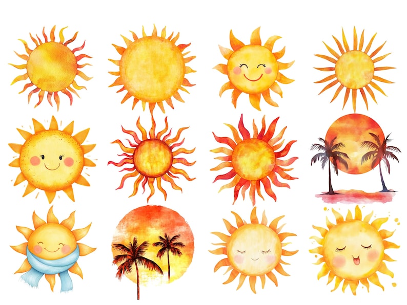 Sun Clipart Png Bundle, Watercolor Sun Clipart Png, Sun Png, Cute Sun ...