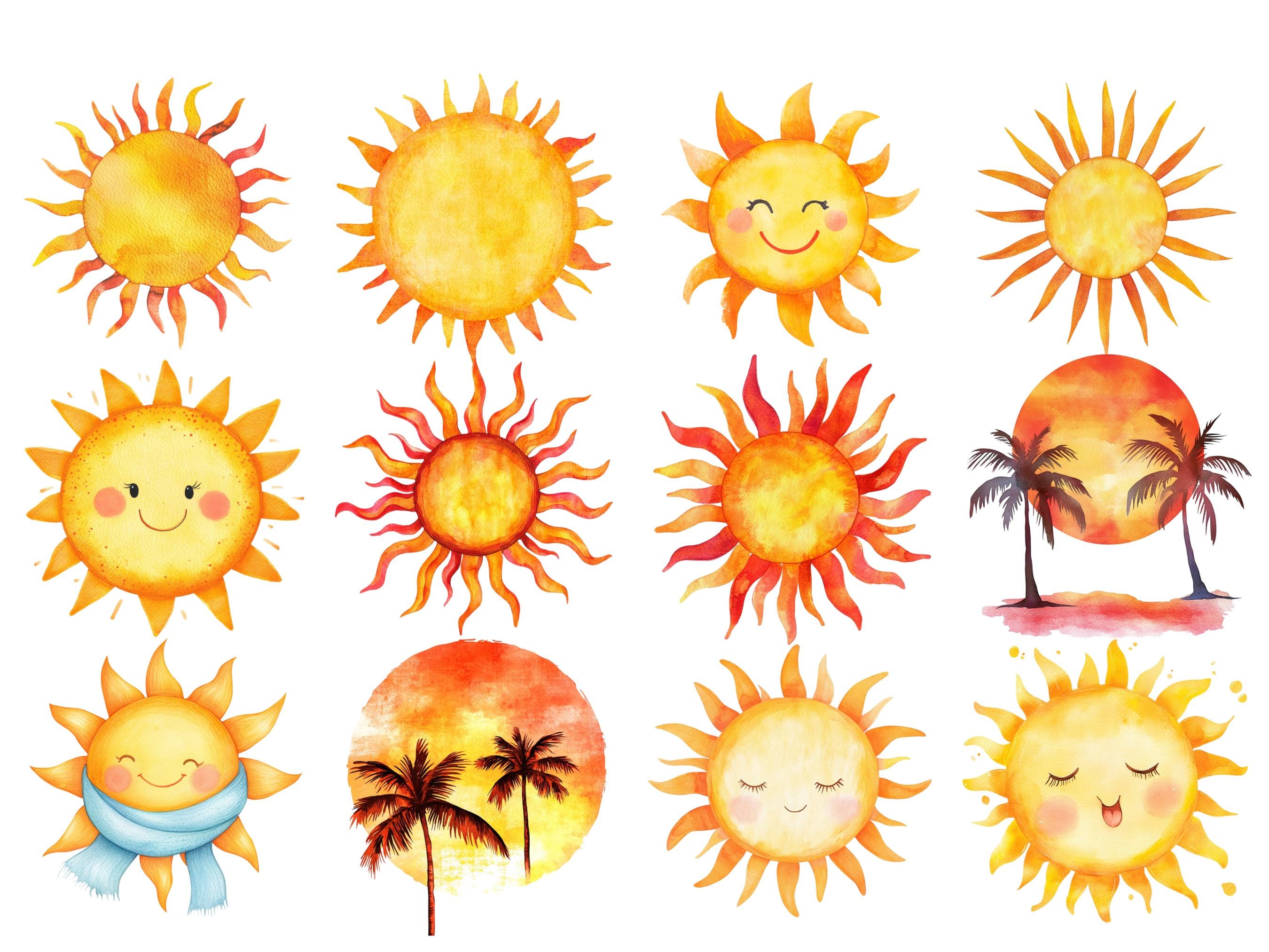 Sun Clipart Png Bundle, Watercolor Sun Clipart Png, Sun Png, Cute Sun ...