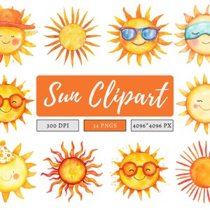 Sun Clipart Png Bundle, Watercolor Sun Clipart Png, Sun Png, Cute Sun ...