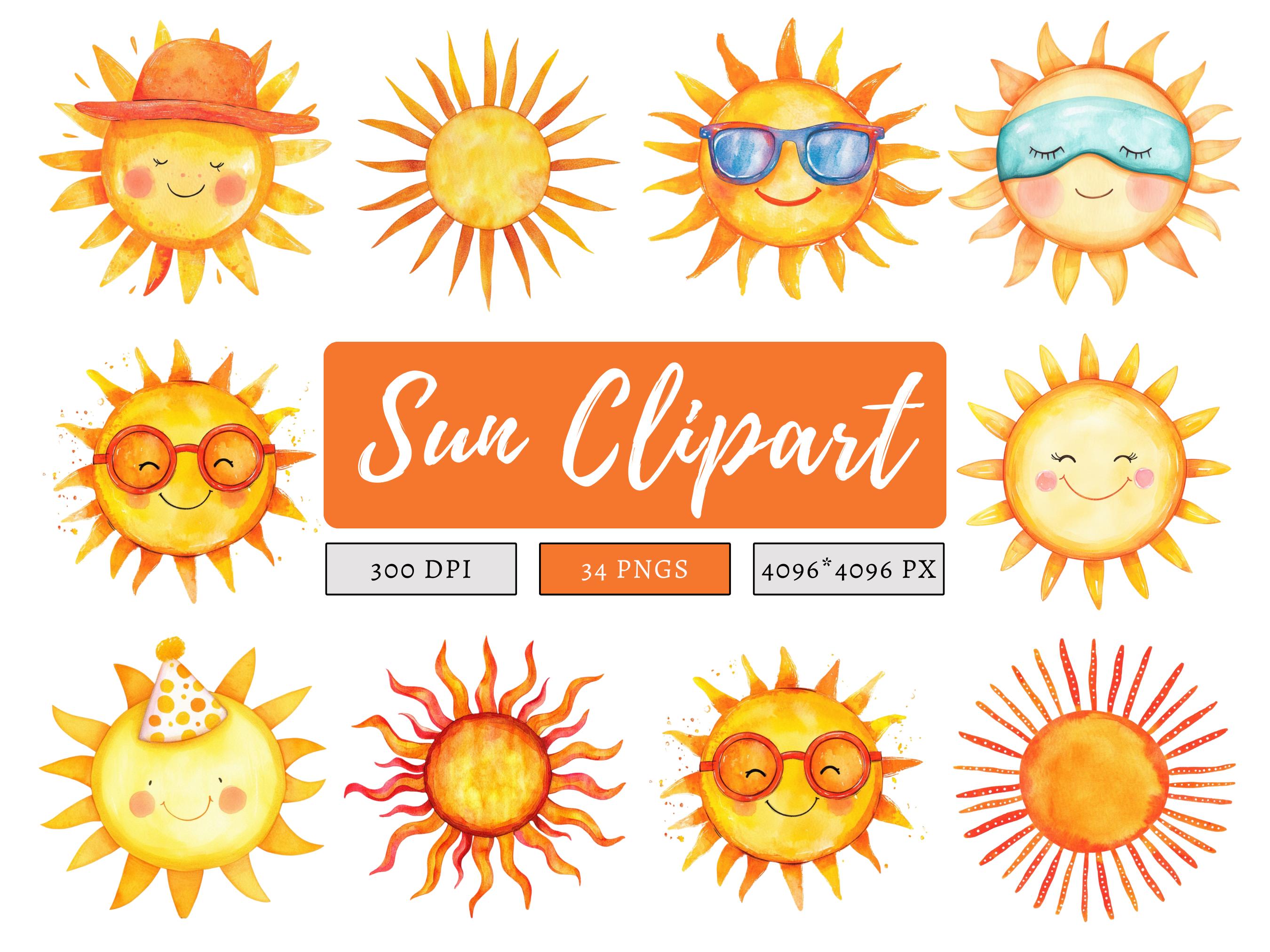 Sun Clipart Png Bundle, Watercolor Sun Clipart Png, Sun Png, Cute Sun ...