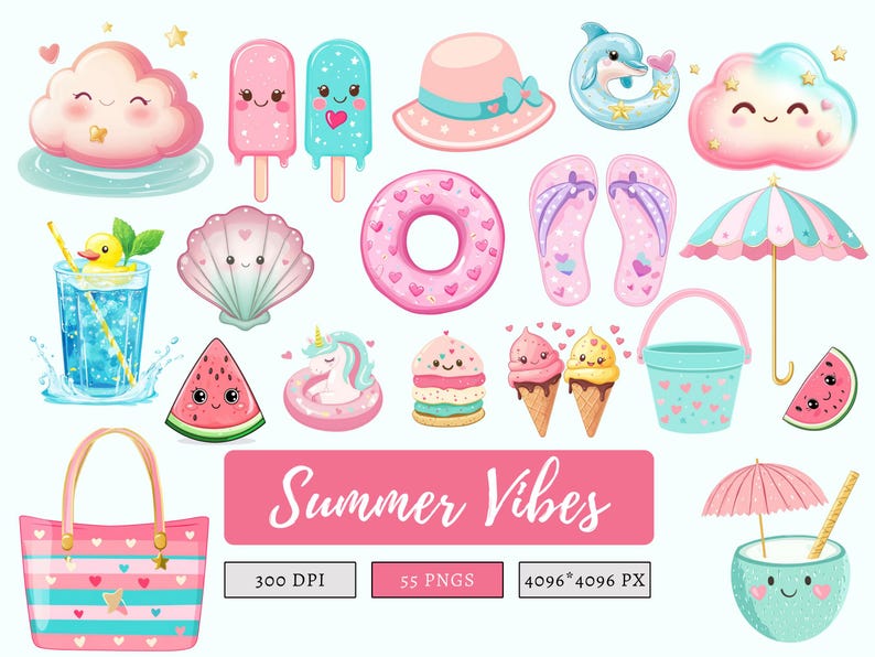 Summer Vibes Clipart Png Bundle, Summer Clipart Png, Watercolor Beach ...