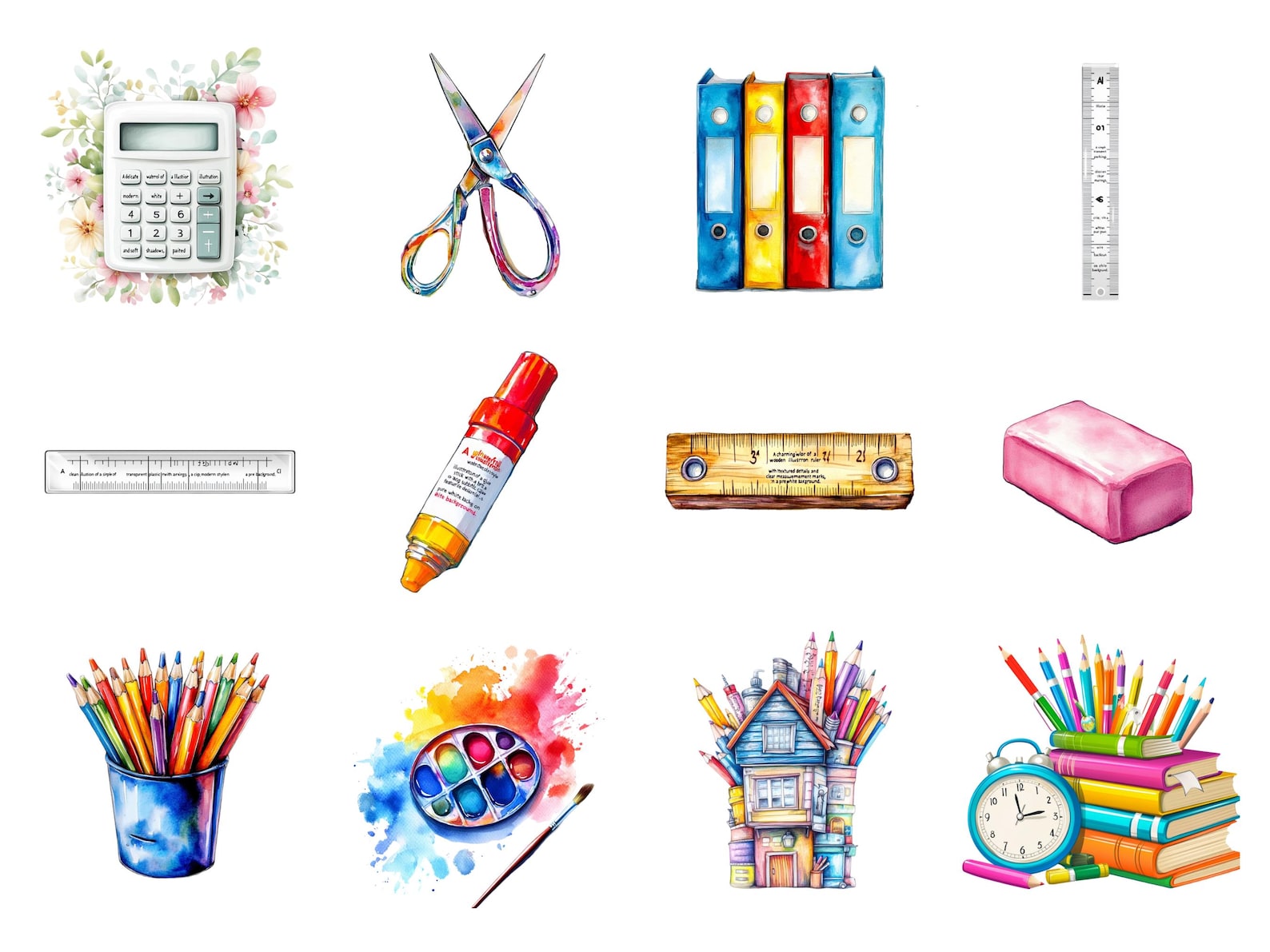 School Supplies Watercolor Clipart, Back to School Clipart, School Png ...