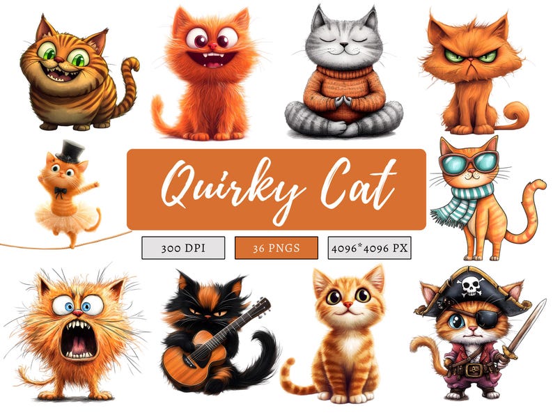 Quirky Cat Clipart Png Bundle, Cat Clipart Png, Funny Cat Clipart, Cute ...