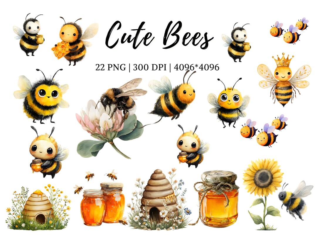 Watercolor Honey Bee Clipart Bundle, Whimsical Cute Bee PNG, Bumble Bee ...