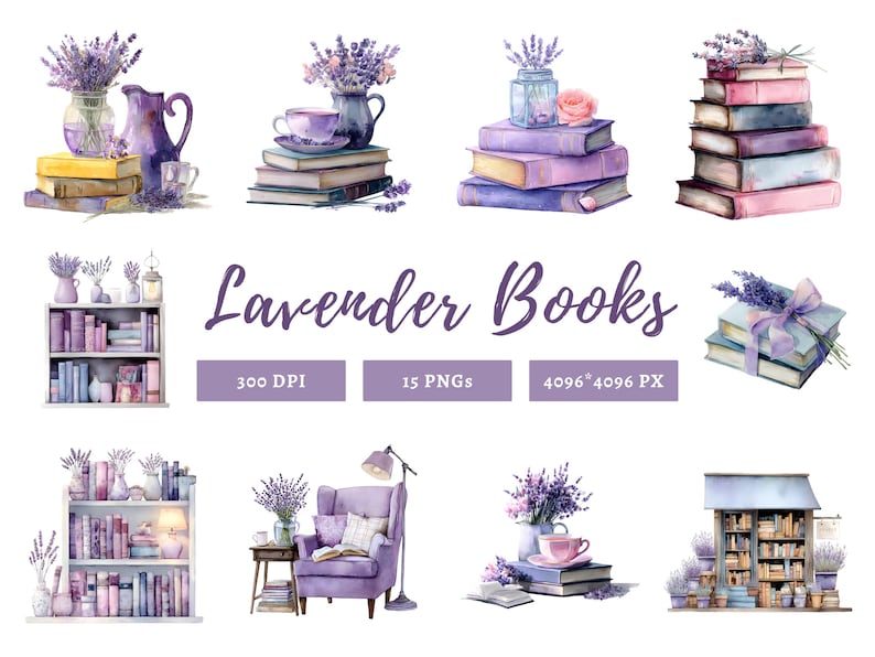 Watercolor Lavender Book Clipart Bundle, Lavender Book Clipart Png ...