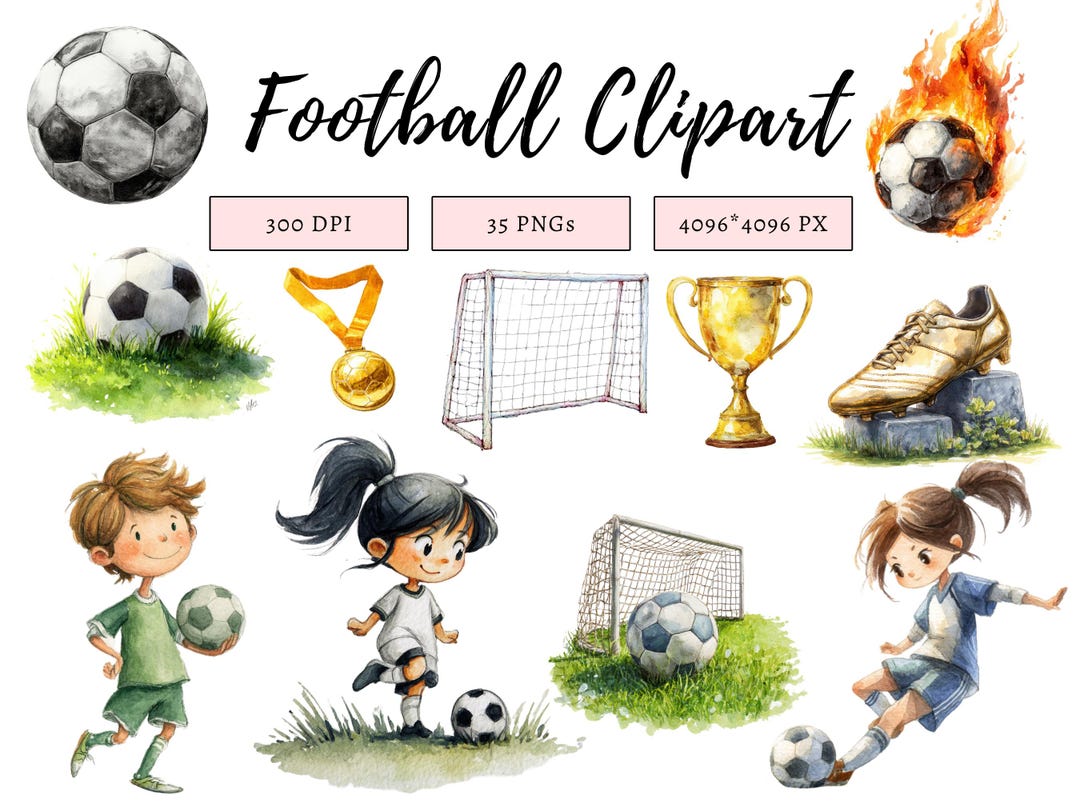 Watercolor Football Clipart Bundle, Kids Sports Png, Soccer Clipart ...