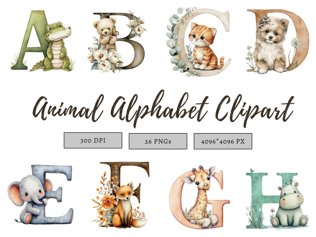 Watercolor Cute Animals Clipart Bundle, Safari Animals Letter PNG ...