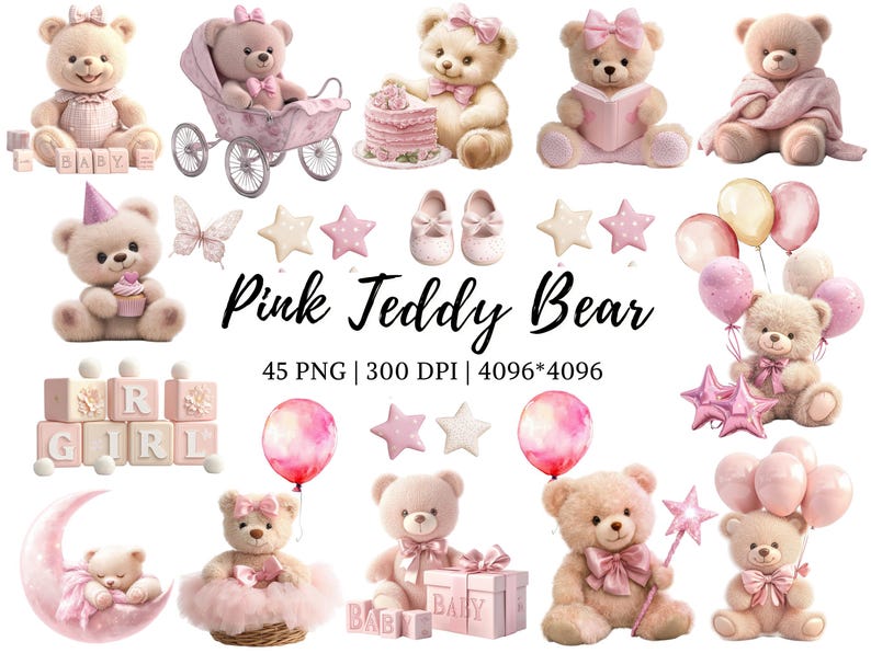 Teddy Bear Clipart Png, Pink Teddy Bear Clipart Bundle Png, Watercolor ...