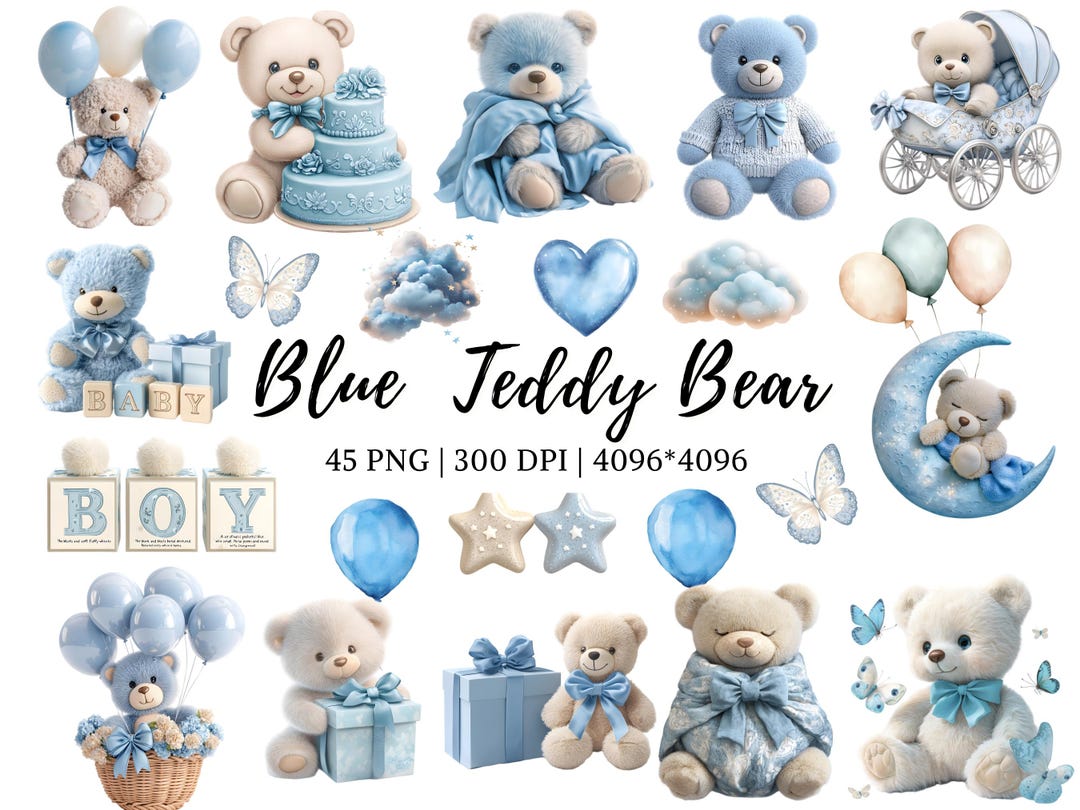 Teddy Bear Clipart Png, Blue Teddy Bear Clipart Bundle Png, Watercolor ...