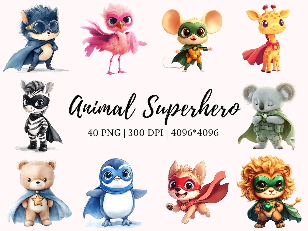 Watercolor Animal Super Heroes Clipart Bundle, Animal Super Hero Png ...