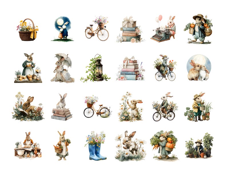 Watercolor Vintage Bunny Clipart, Cute Rabbit PNG Digital Download ...