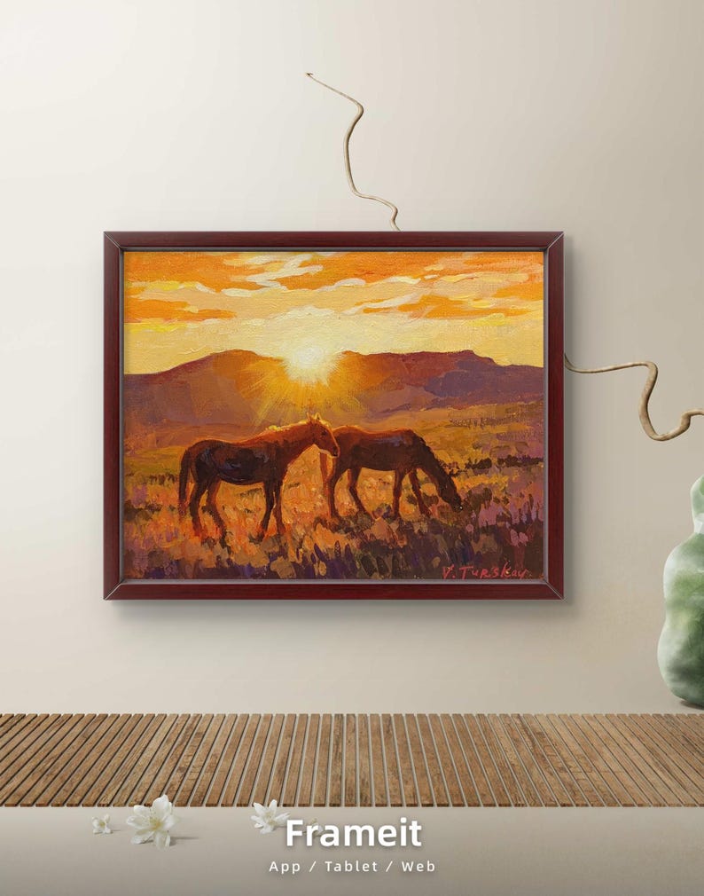 Original Sunset Horse Painting, Acrylic Landscape Art, Two Horses 10x8 ...