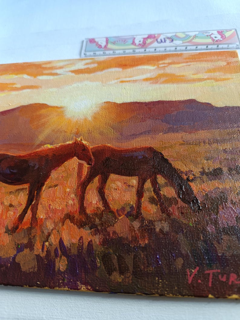 Original Sunset Horse Painting, Acrylic Landscape Art, Two Horses 10x8 ...