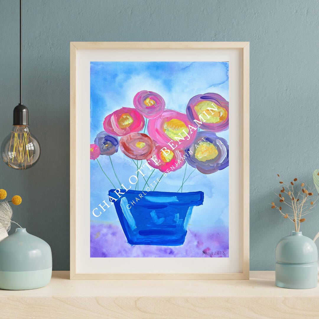 Benjis Blue Pot of Flowers. 5x7. Digital Download. Gifts. Gifts for Her ...