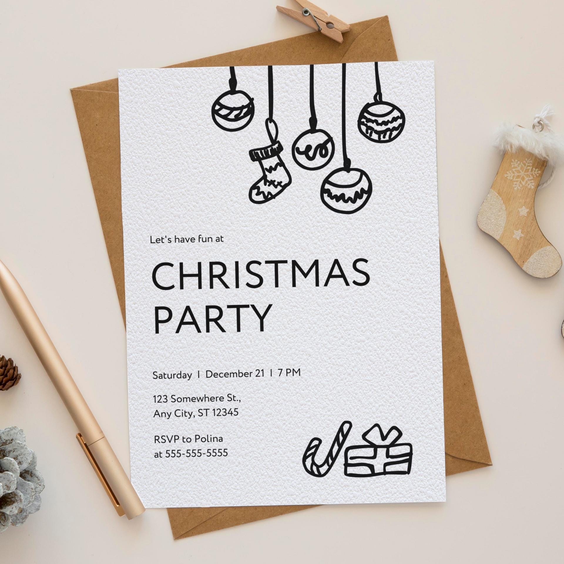 Hand Drawn Christmas Invitation, Doodle Illustration, Holiday Card ...