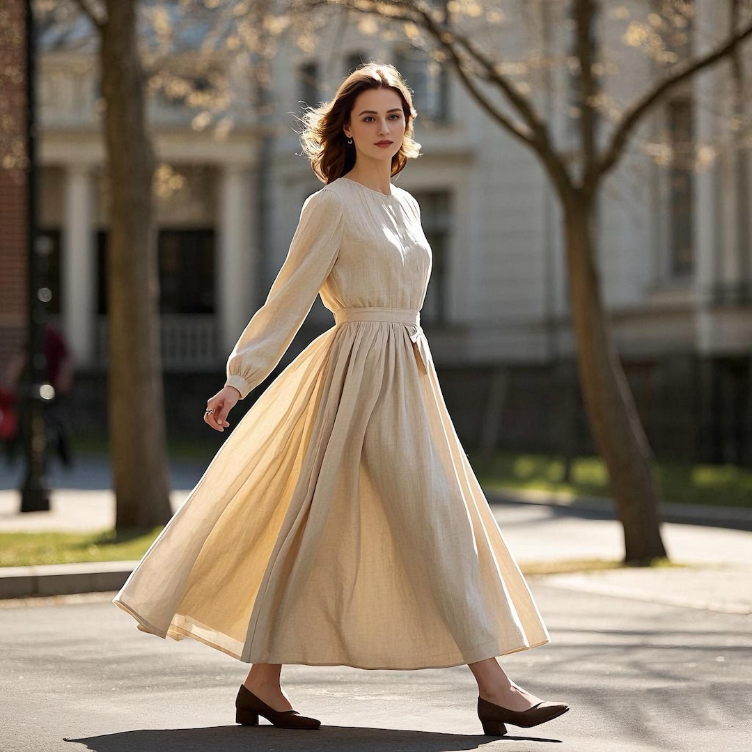 Elegant Linen Long Sleeve Maxi Dress, Vintage-inspired A-line Dress ...