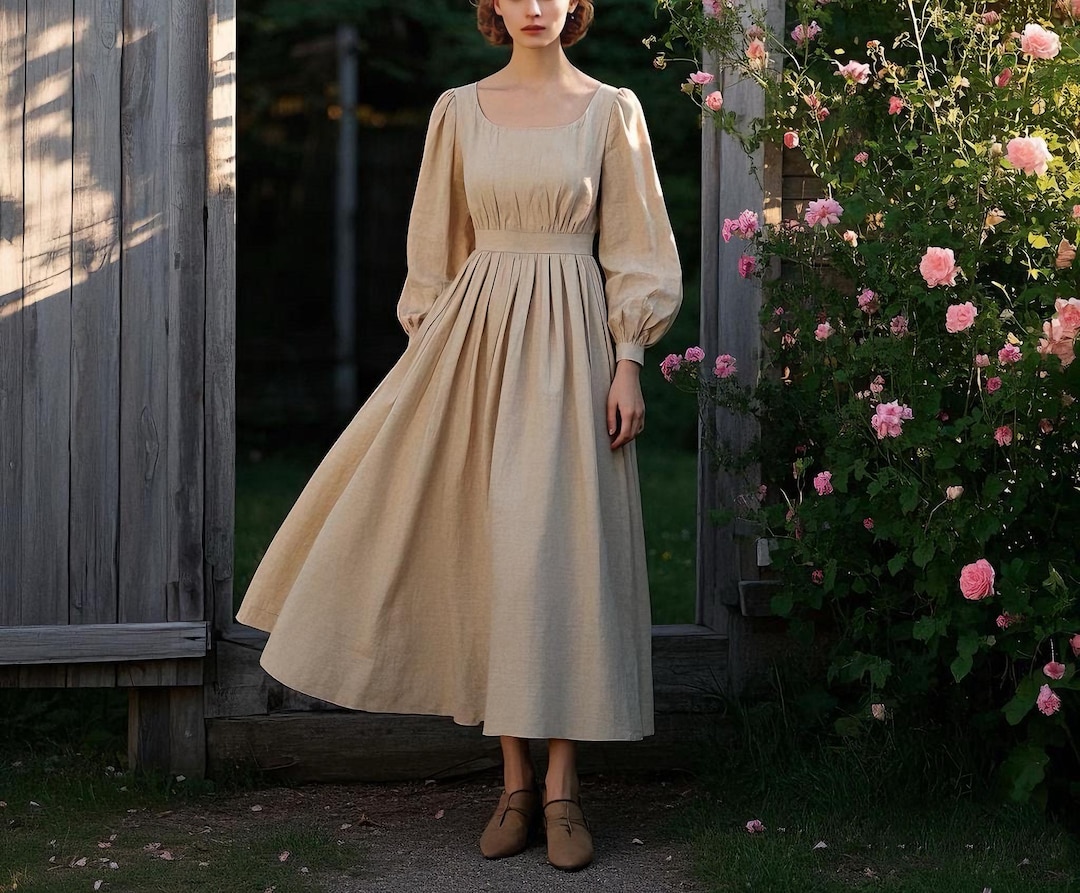 Romantic Linen Cottagecore Dress, Vintage Long Sleeve Round Neck Dress ...