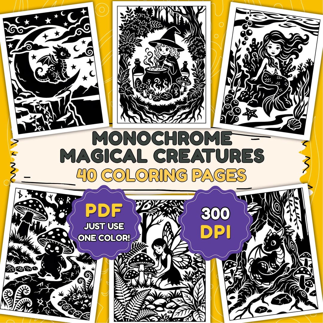 Monochrome Coloring Book Pages – 40 Enchanted Magical Creature One ...