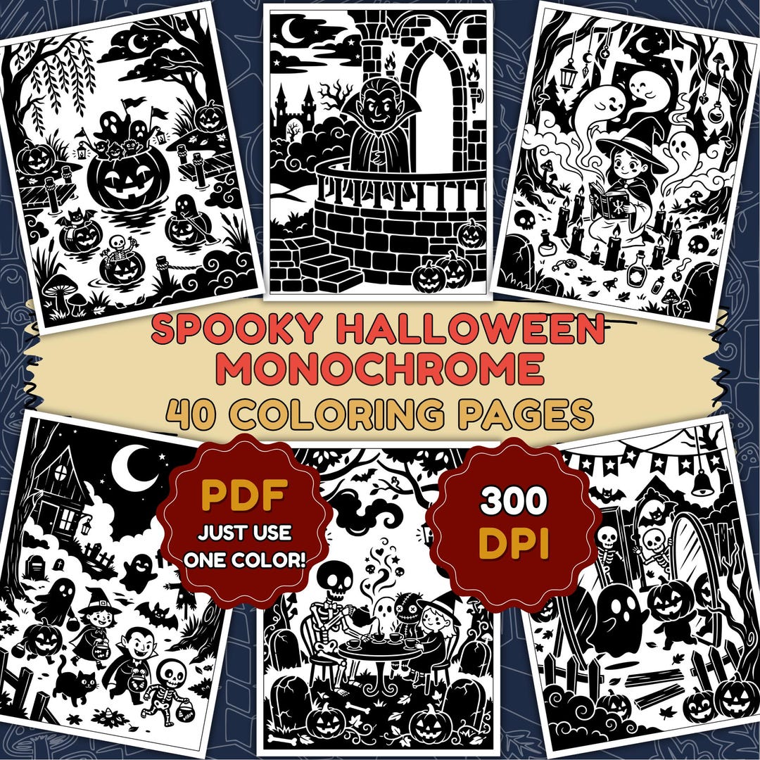 Monochrome Halloween Coloring Book – 40 Spooky One-color Scenes ...