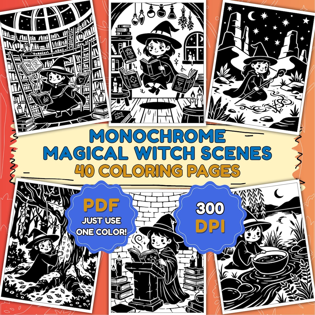 Monochrome Witch Coloring Pages – 40 Magical Witch Scenes One Color ...