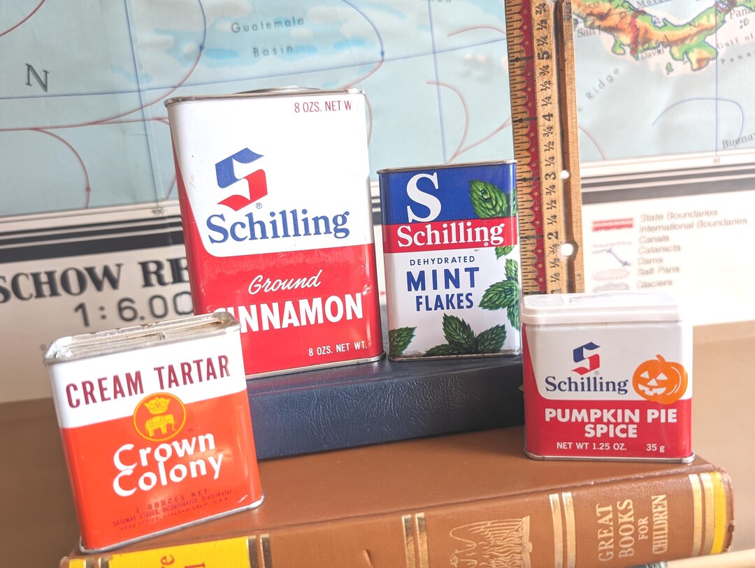 Collection of Spice Tins, Crown Colony Cream Tartar, Schilling Pumpkin ...