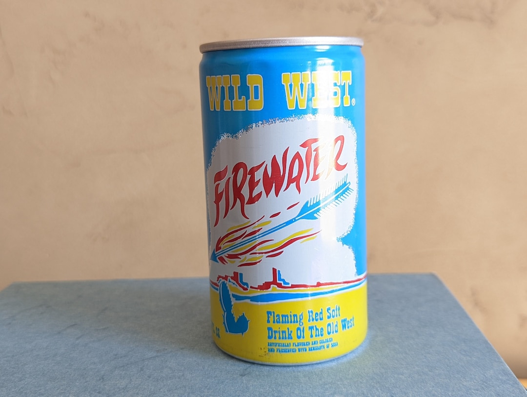 Wild West Firewater Soda Can, Empty Soda Can, Flaming Red Soft Drink of ...