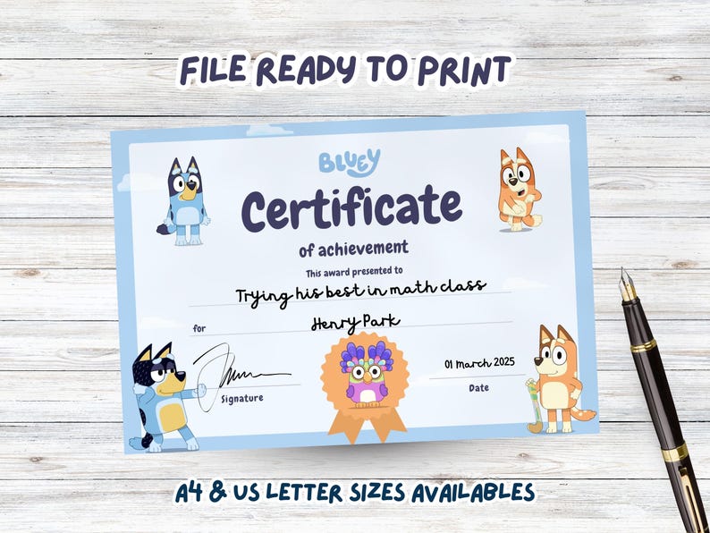 Bluey Certificate of Achievement Printable, BLUEY Digital Printable ...