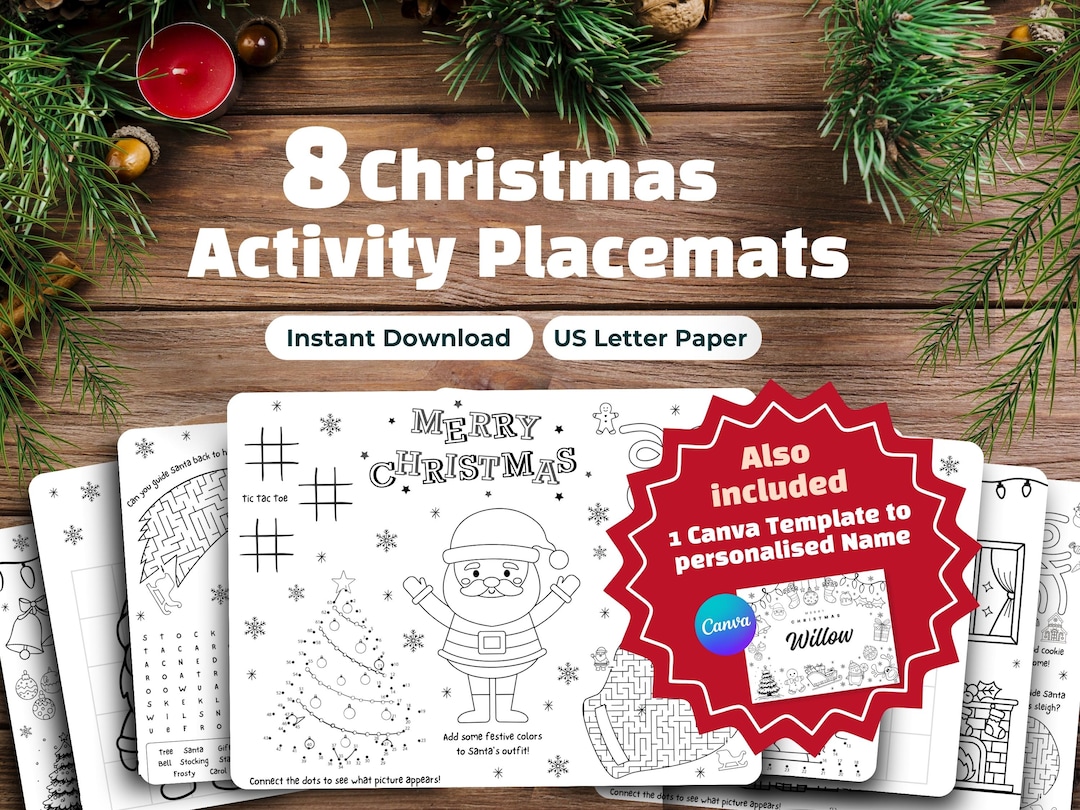 8 Christmas Activity Placemat, Christmas Coloring Placemat, Printable ...