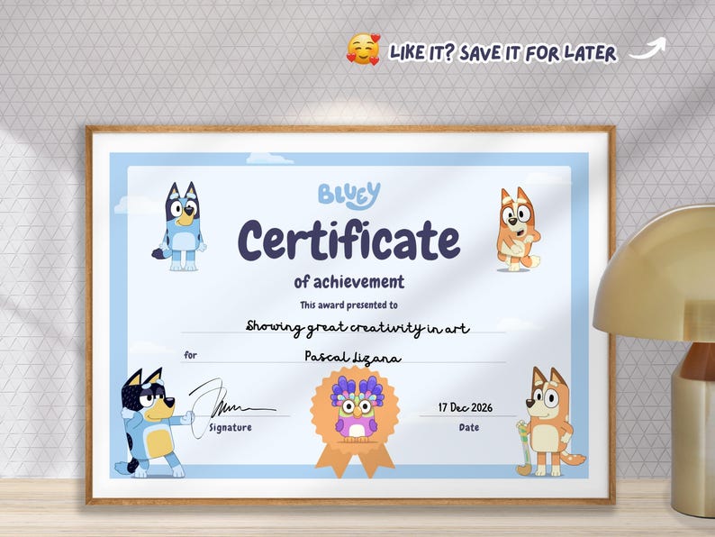Bluey Certificate of Achievement Printable, BLUEY Digital Printable ...