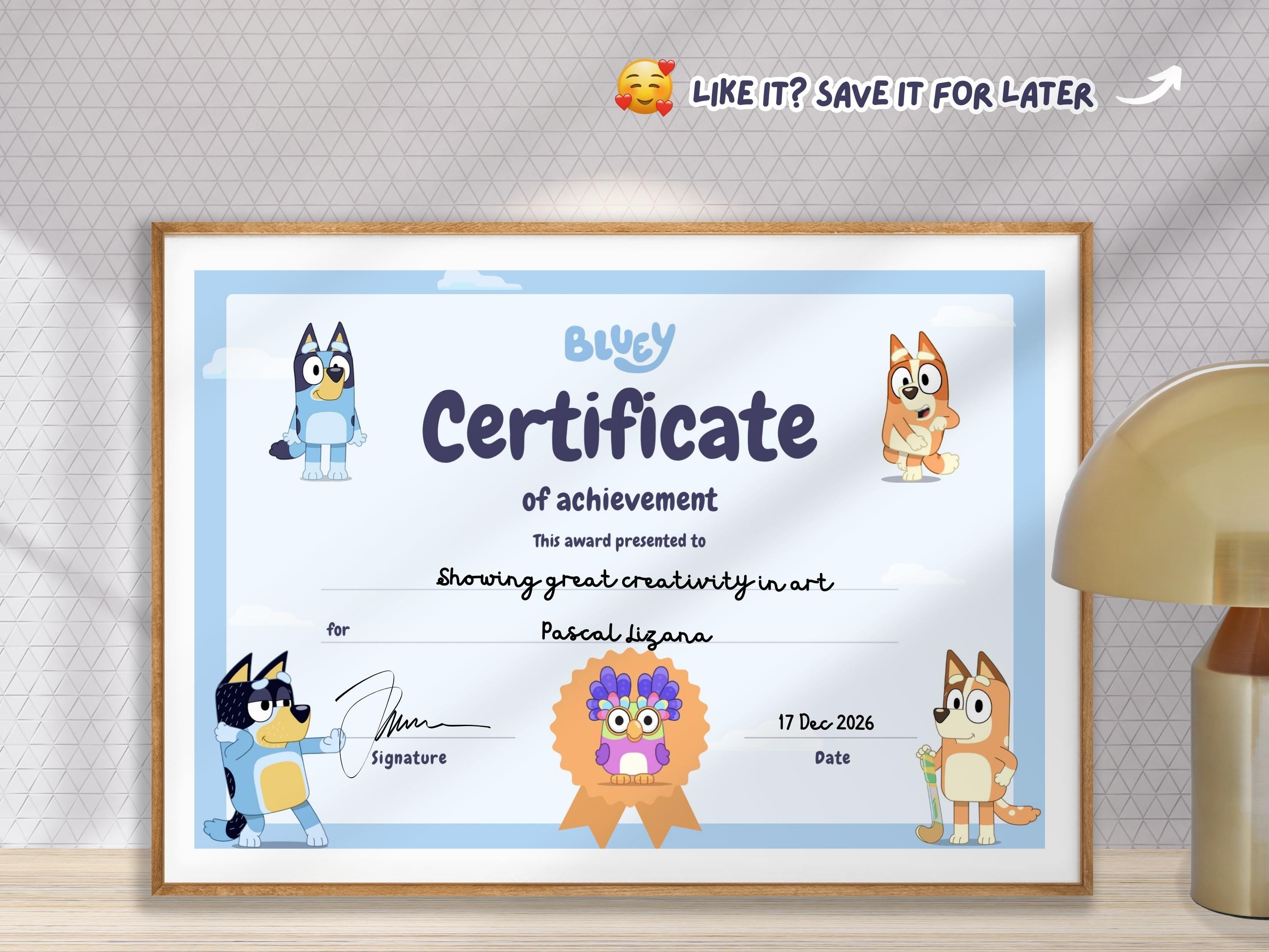 Bluey Certificate of Achievement Printable, BLUEY Digital Printable ...
