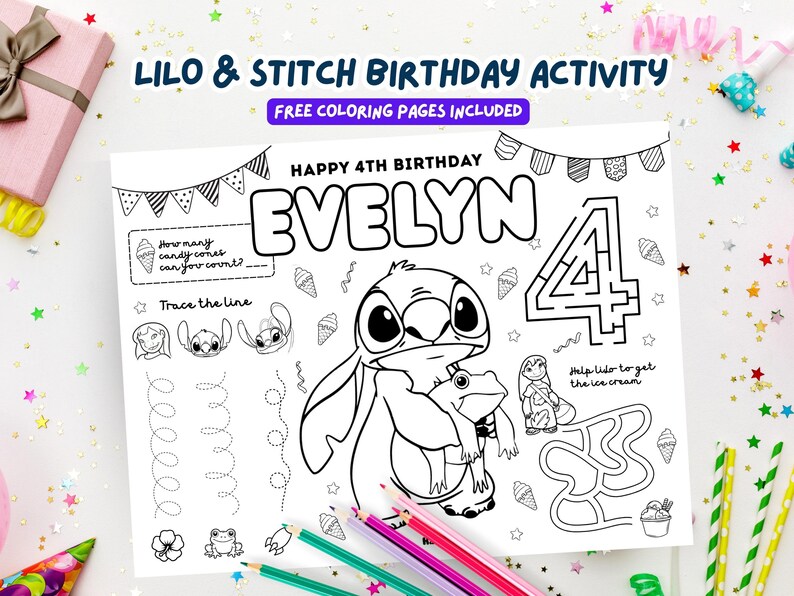 Personalized Lilo & Stitch Placemat, Editable Stitch Birthday Colouring ...