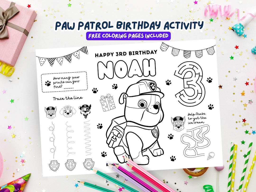 Personalized Paw Patrol Placemat, Editable Rubble Birthday Colouring ...