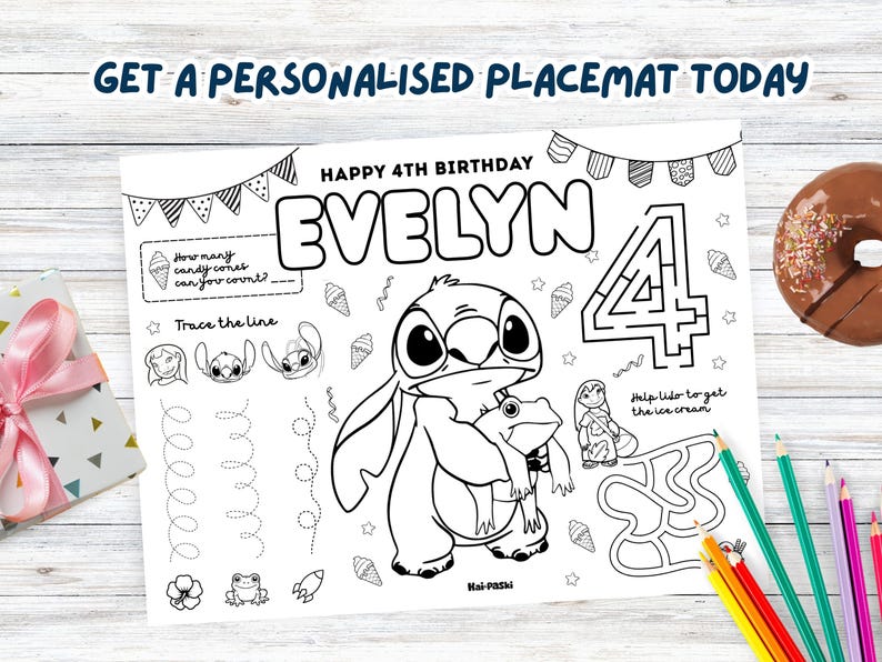 Personalized Lilo & Stitch Placemat, Editable Stitch Birthday Colouring ...