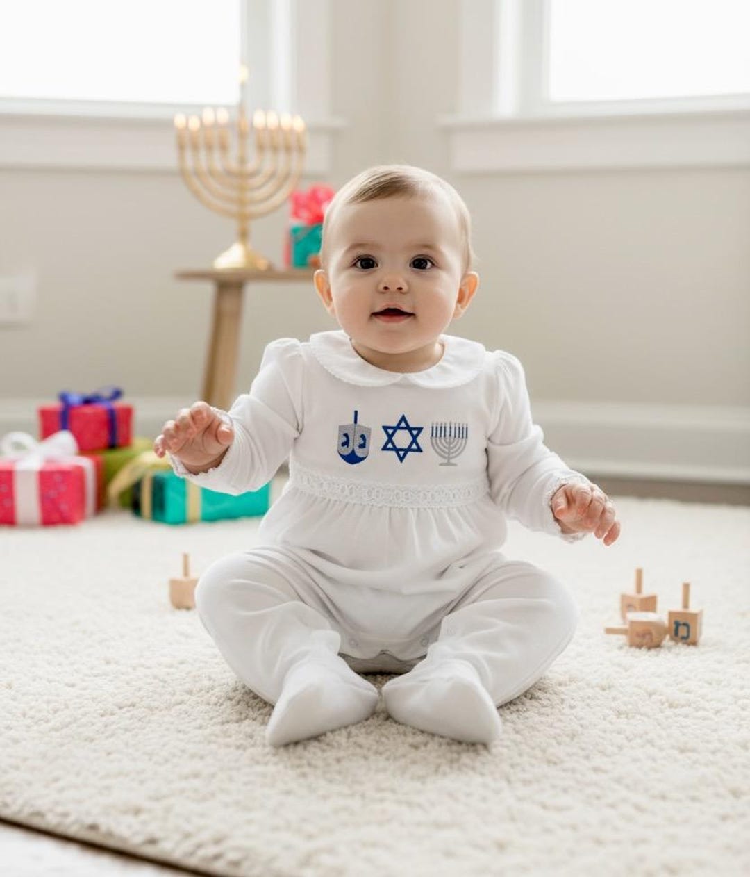 Hanukkah Baby Girl Outfit- Jewish Holiday-ashley Outfit-footed Romper ...