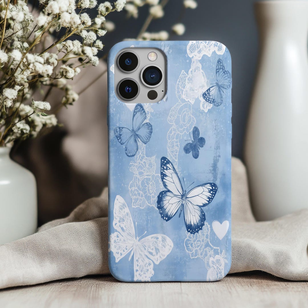 DREAMY BLUE BUTTERFLY Lace Phone Case for iPhone 13 14 15 16 and Galaxy ...