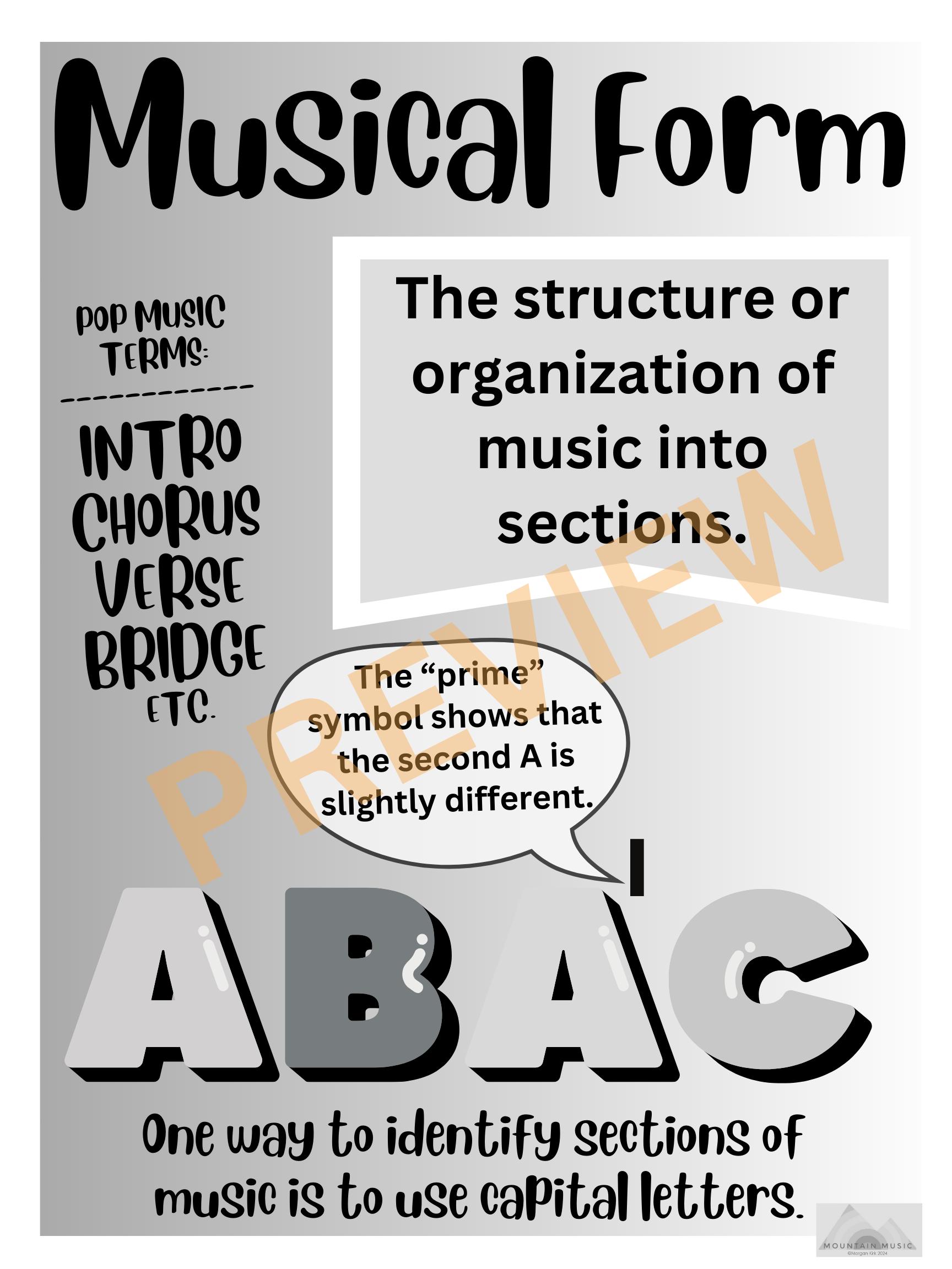 Music Classroom Poster Elements of Music MUSICAL FORM color or ...