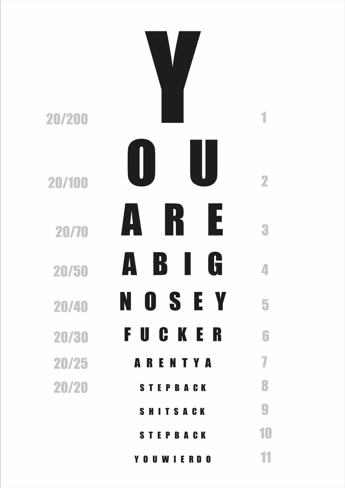 Funny Snellen Chart - Eye Test Chart - Eye Chart - Visual Acuity ...