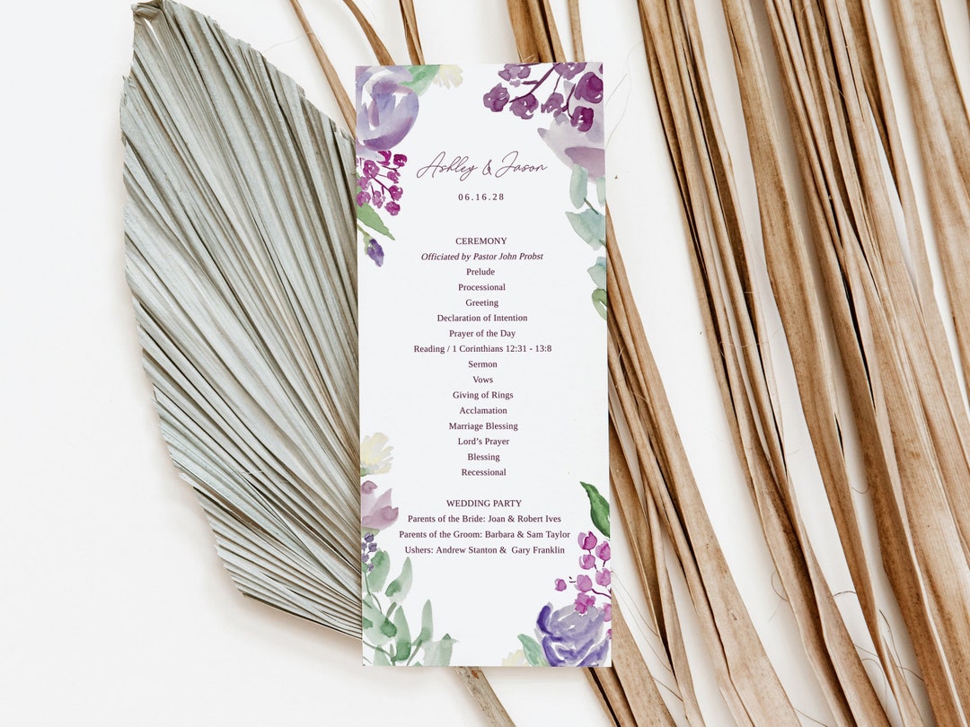Watercolor Wedding Program Template Floral One Page Program Printable ...