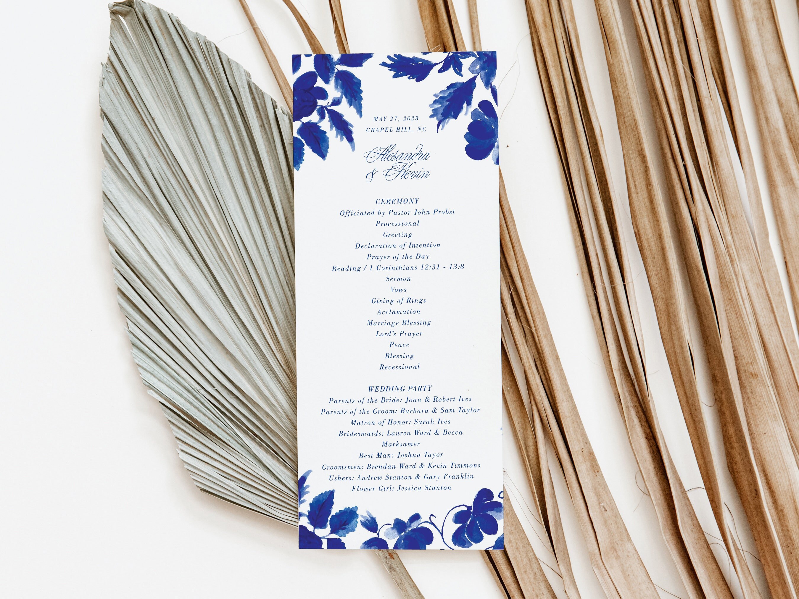 Delft Blue Wedding Program Template Floral One Page Program Printable ...